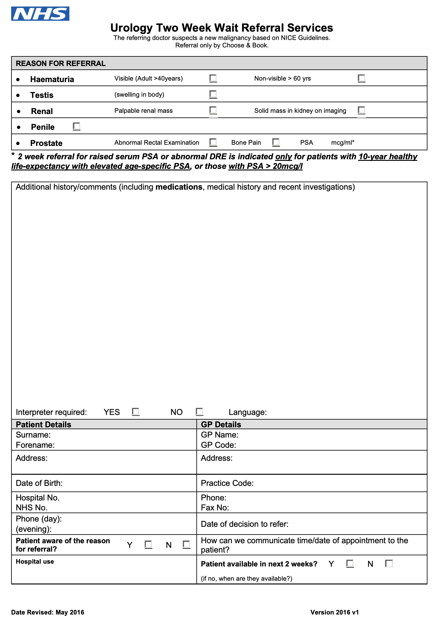 Urology – 2WW – GP Gateway